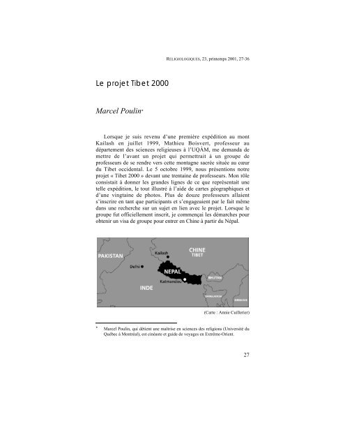 Le projet Tibet 2000 Marcel Poulin* - Religiologiques