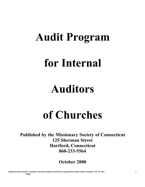 Audit Program for Internal Auditors of Churches - The Connecticut ...