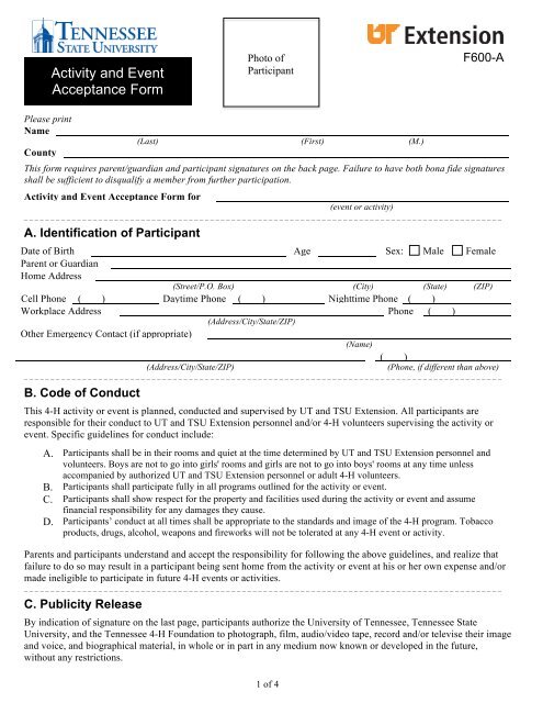 Activity and Event Acceptance Form (600A) - UT Extension