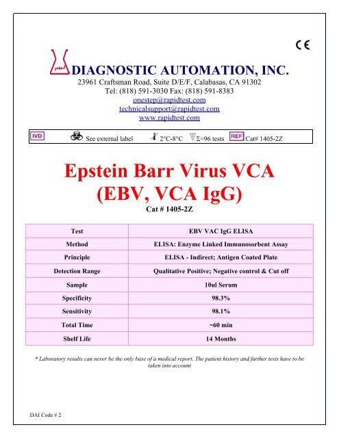EBV, VCA IgG - Diagnostic Automation : Cortez Diagnostics