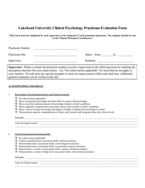 MA & PhD Practicum Student Evaluation Form - Psychology