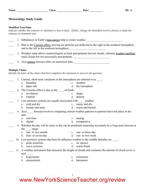 Meteorology Study Guide - Earth Science Regents Review