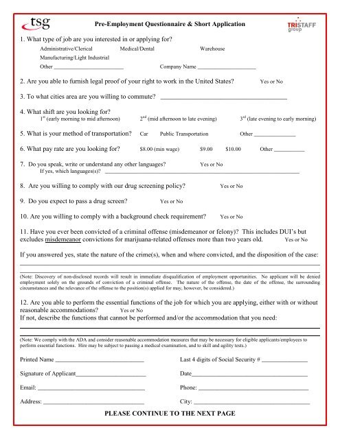 Pre Employment Questionnaire Short Application TriStaff pre-employment-questionnaire-short-application-tristaff