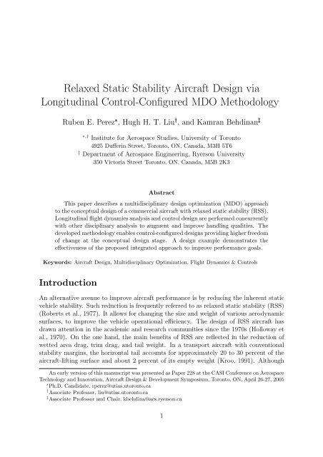 Relaxed Static Stability Aircraft Design via Longitudinal Control ...