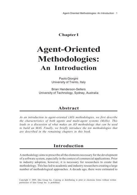 Introduction To Agent Oriented Methodologies Tropos
