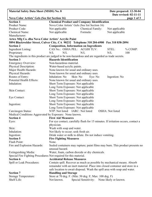 Material Safety Data Sheet (MSDS) No. 8 Date ... - Nova Color Paint