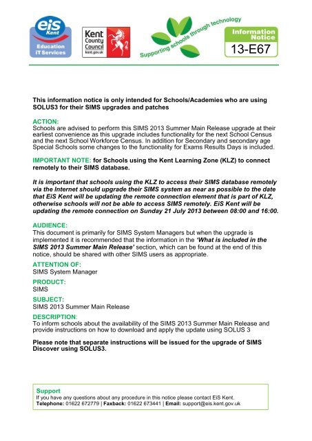 SIMS 2013 Summer Main Release â Upgrading by SOLUS3 - EiS Kent