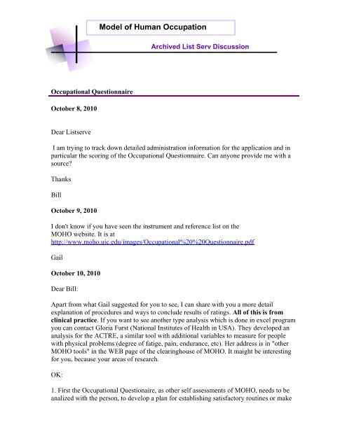 Occupational Questionnaire