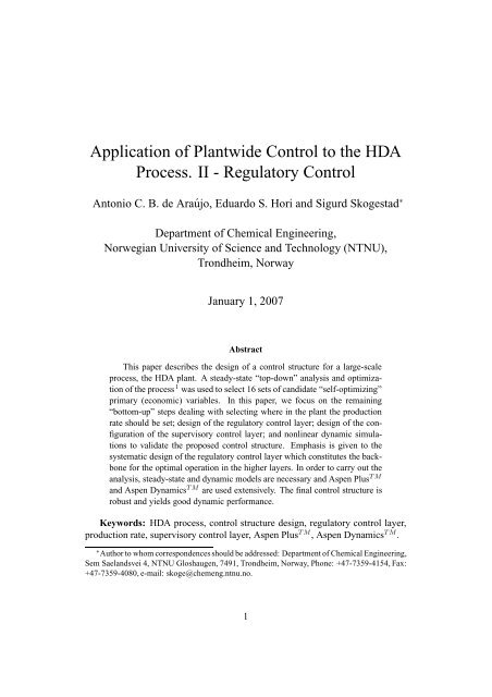 Application of Plantwide Control to the HDA Process. II ... - NTNU