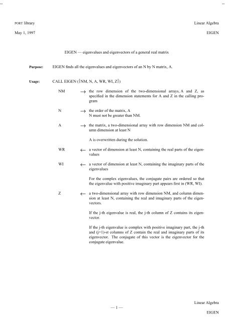 PORT library Linear Algebra May 1, 1997 EIGEN EIGEN ...