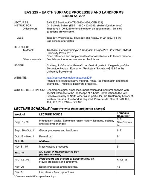 EAS 225 â EARTH SURFACE PROCESSES AND LANDFORMS