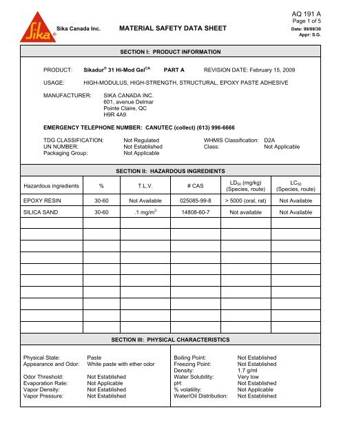 Sikadur 31 Hi-Mod Gel MSDS-February 2009.pdf - Northland ...