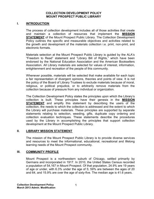 collection development policy - Mount Prospect Public Library