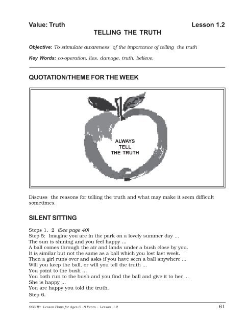 Value: Truth Lesson 1.2 TELLING THE TRUTH - Sathya Sai ...