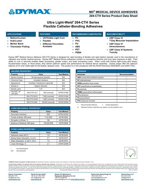 DYMAX 204-CTH Series MD Medical Device Adhesive Product Data ...