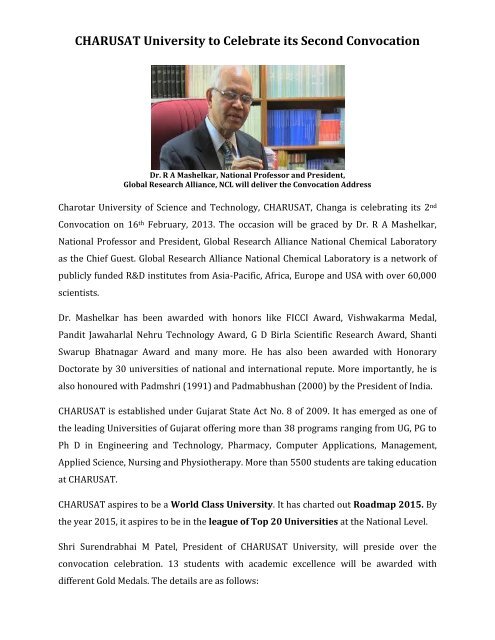 Press Note - CHARUSAT Second Convocation