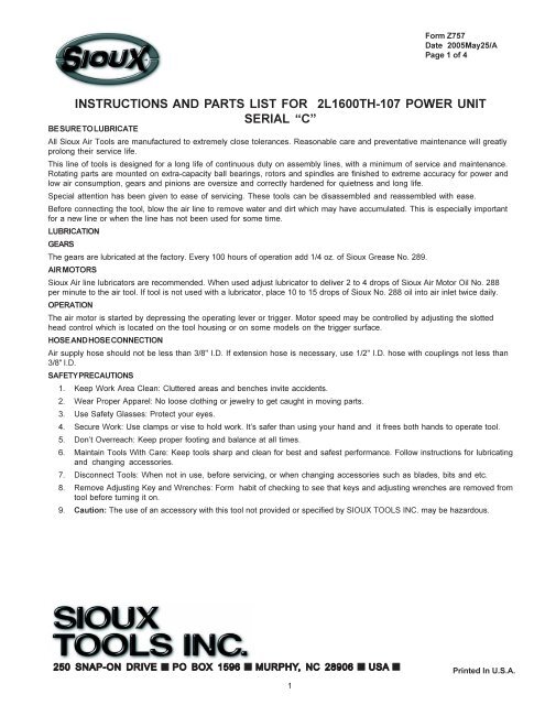 instructions and parts list for 2l1600th-107 power unit ... - Sioux Tools