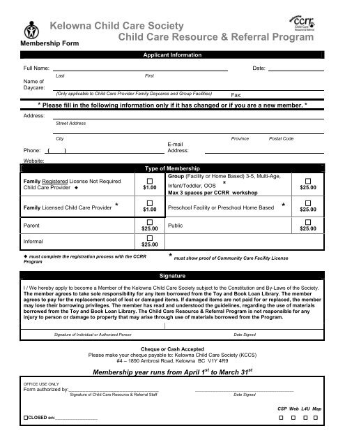 Kelowna Child Care Society Child Care Resource & Referral Program