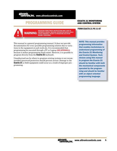 EXACTA 21 Programming Guide - Altronic Inc.
