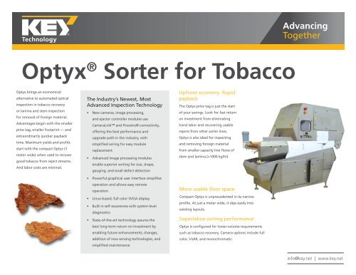 OptyxÂ® 3000 Optical Sorter for Tobacco Brochure - Key Technology