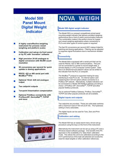 500 indicator datasheet - Nova Weigh