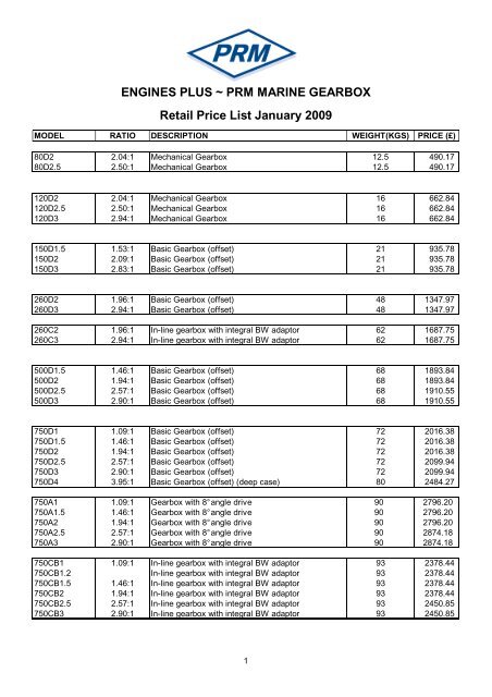 ENGINES PLUS ~ PRM MARINE GEARBOX Retail Price List ...