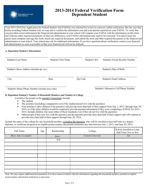2013-14 Dependent Federal Verification Form - Columbia College ...