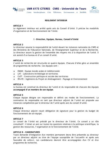 UMR 6173 CITERES CNRS - Universit de Tours