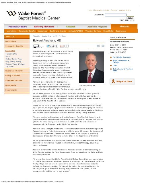 Edward Abraham, MD, Dean, Wake Forest School of Medicine ...