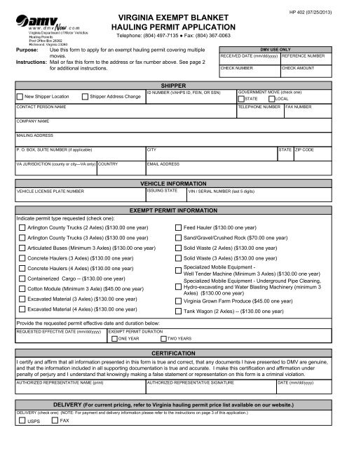 Virginia Blanket Hauling Permit Form