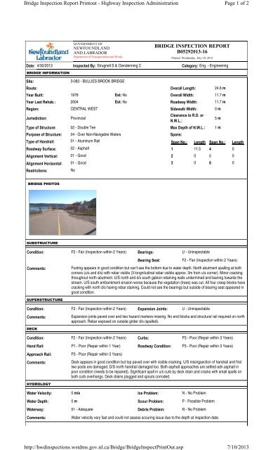 Page 1 of 2 Bridge Inspection Report Printout - Highway Inspection ...