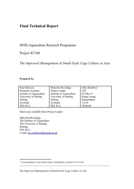 Final Technical Report - DFID@Stir - University of Stirling