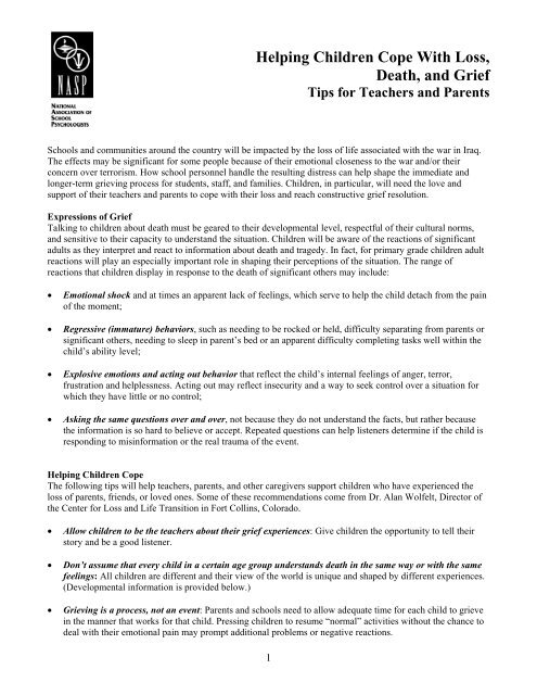 Helping Children Cope with Loss, Death and Grief: - National ...