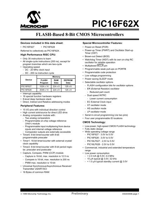 PIC16F62X FLASH-Based 8-Bit CMOS MCU Data Sheet