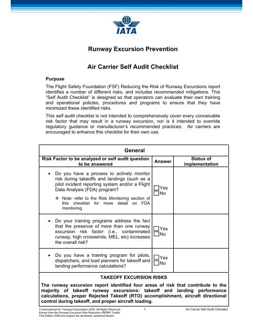 Runway Excursion Prevention Air Carrier Self Audit Checklist
