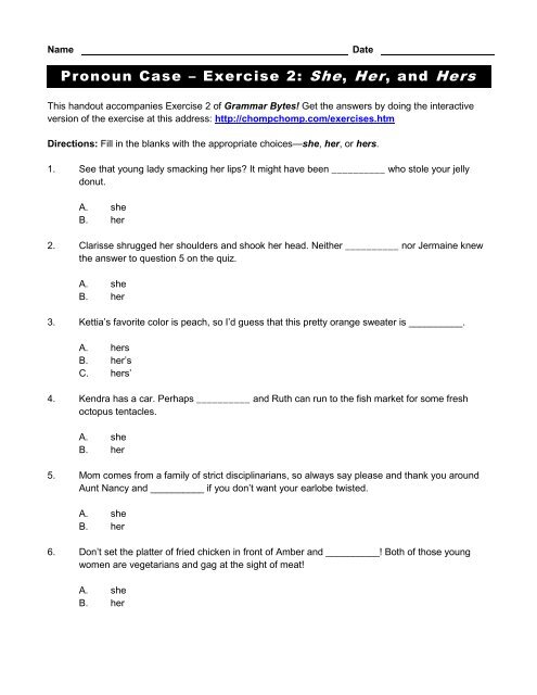 Pronoun Case â Exercise 2: She, Her, and Hers - Grammar Bytes!