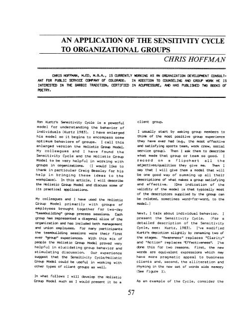 AN APPLICATION OF THE SENSITIVITY CYCLE - The Hakomi Institute