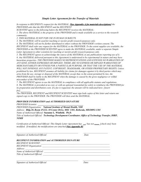 Simple Letter Agreement for the Transfer of Materials