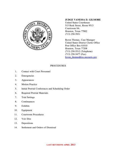 View Judge Gilmore's Procedures - Southern District of Texas