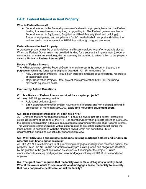 FAQ: Federal Interest in Real Property - Bureau of Primary Health Care