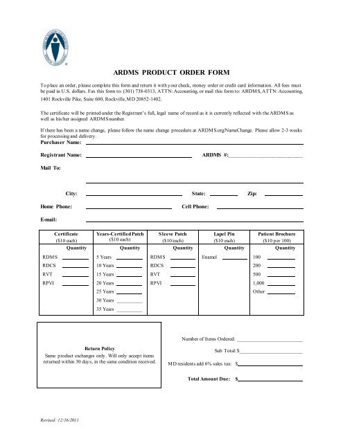 ARDMS PRODUCT ORDER FORM