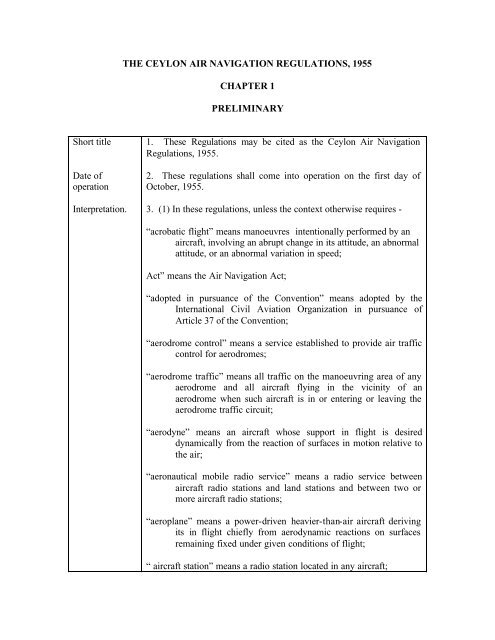Air Navigation Regulations of 1955 - Civil Aviation Authority of Sri ...