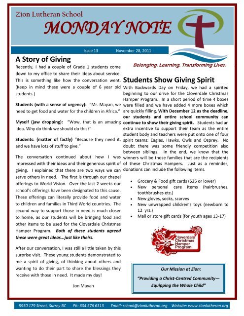 MONDAY NOTE - Cloverdale Christian School