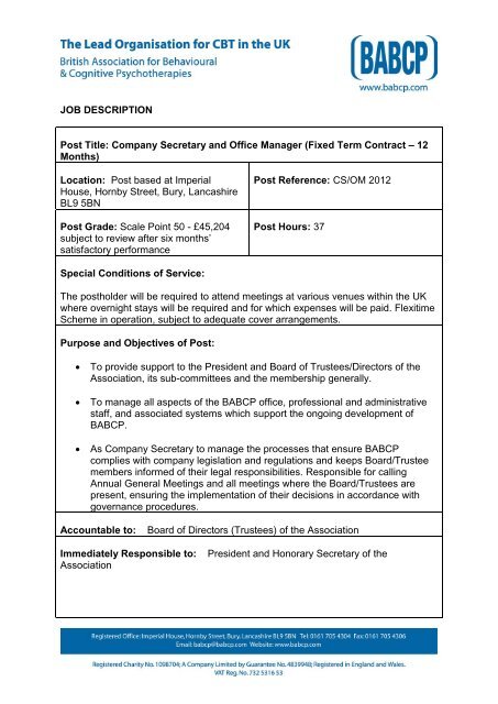 JOB DESCRIPTION Post Title: Company Secretary and ... - BABCP