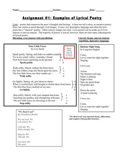 Assignment #1: Examples of Lyrical Poetry - Norwell Public Schools