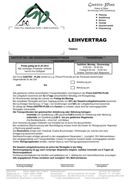 Gastro-Plan LEIHVERTRAG