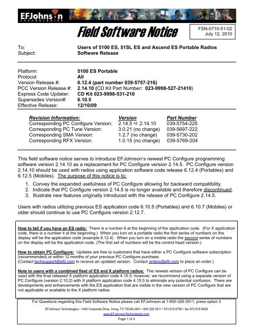 Field Software Notice - EFJohnson
