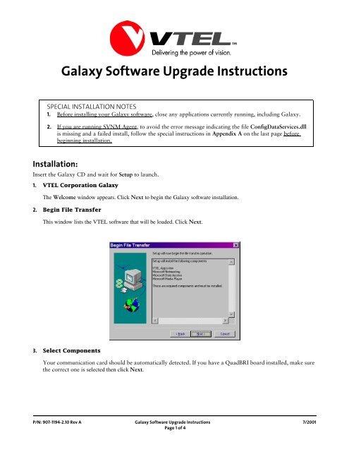 Galaxy Software Upgrade Instructions Installation - VTEL