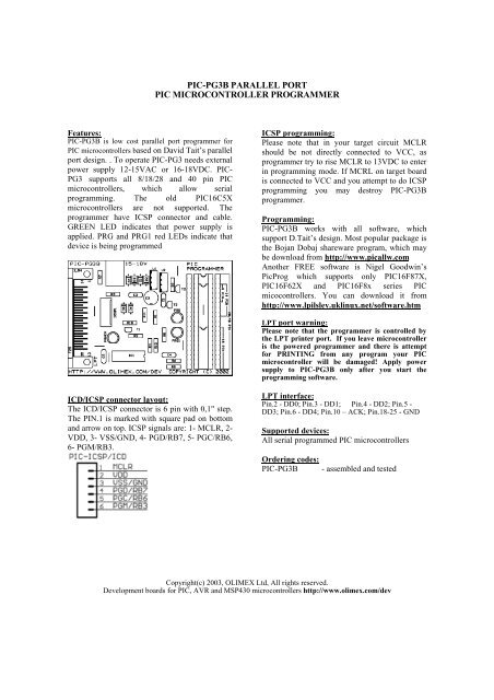 pic-pg3b parallel port pic microcontroller programmer - Olimex