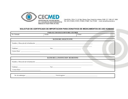 SOLICITUD DE CERTIFICADO DE IMPORTACION PARA ... - Cecmed